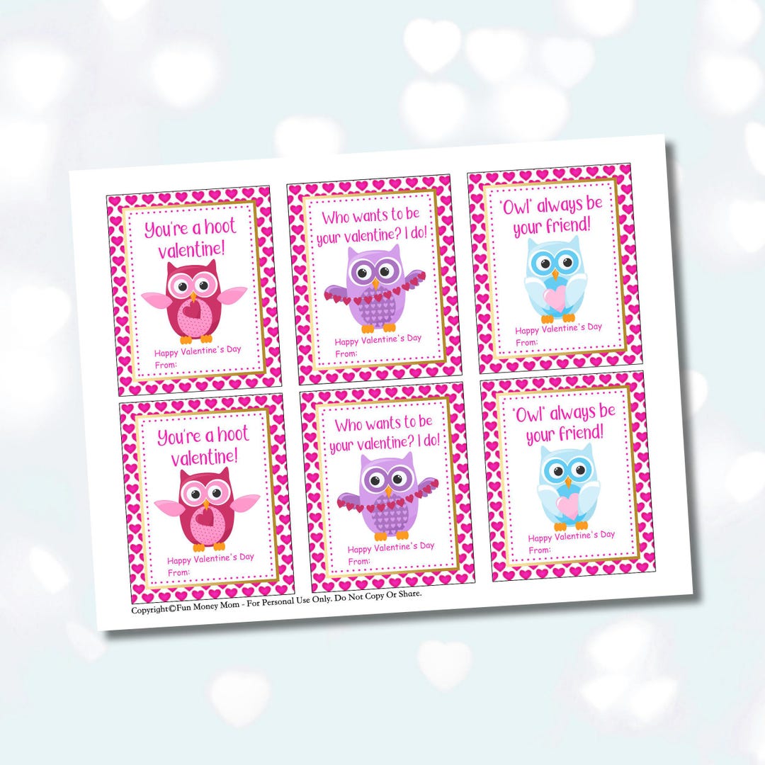 Colorful Owl Valentine Cards: Printable Kids Valentines (digital ...