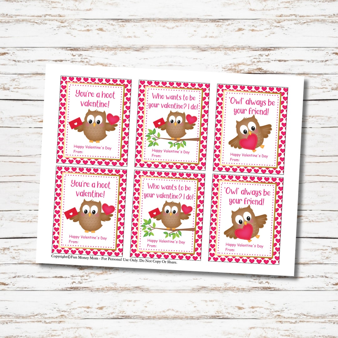 Owl Valentine Cards: Printable Valentines for Kids (digital Download ...