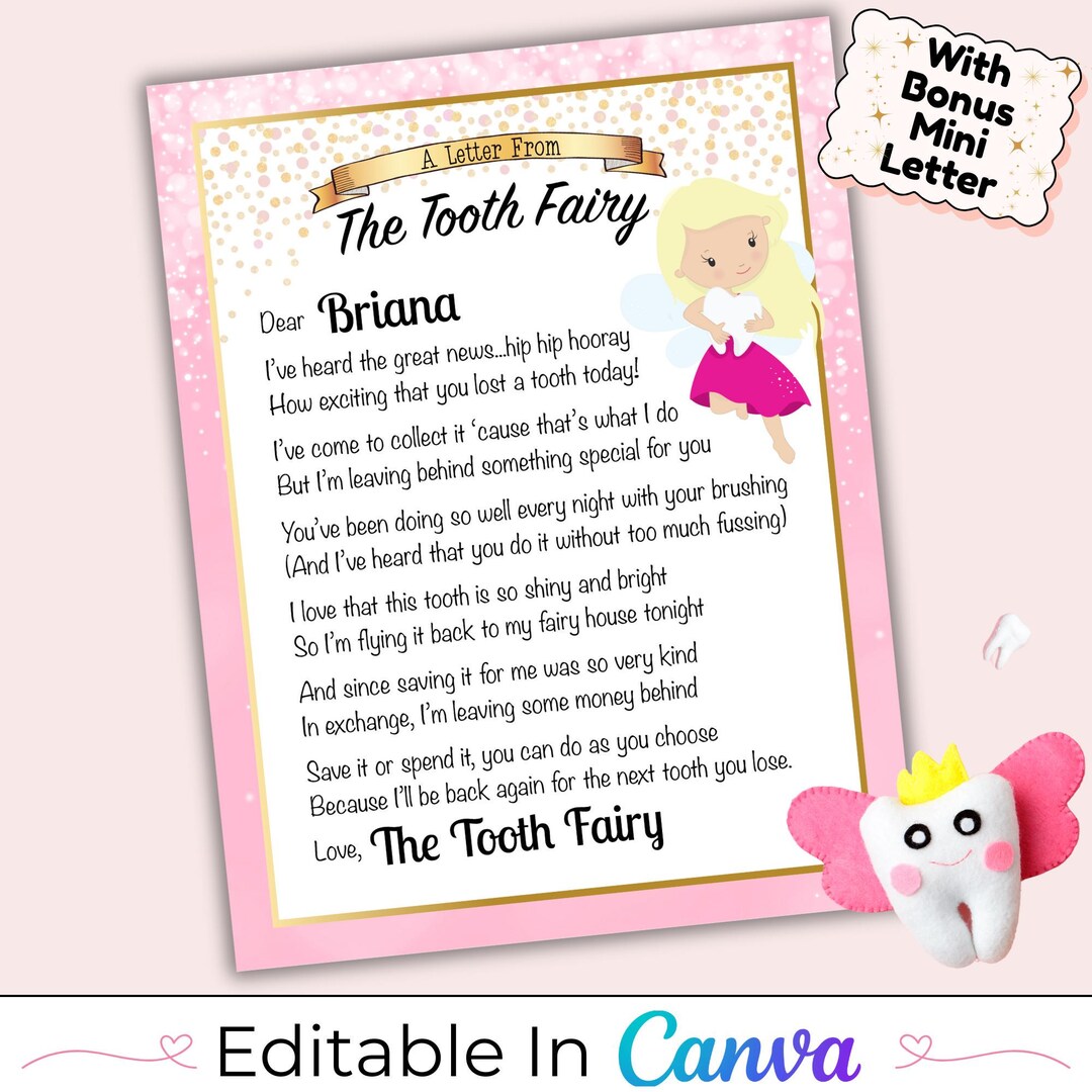 Editable Tooth Fairy Letter Template With Bonus Mini Letter (canva) - Etsy