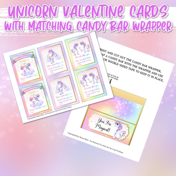 Unicorn Valentine Cards With Candy Bar Wrapper Unicorn | Etsy