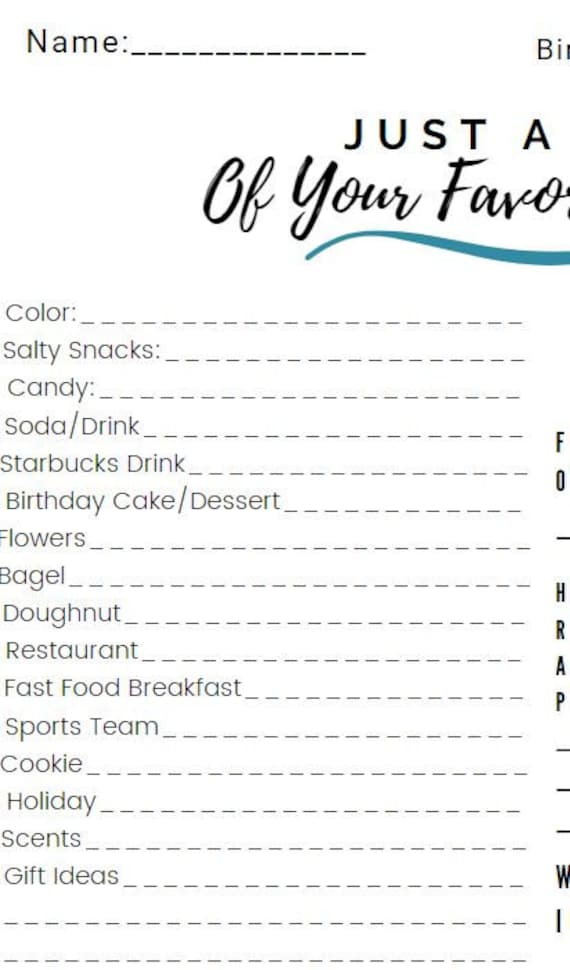 Favorite Things Questionnaire Employee