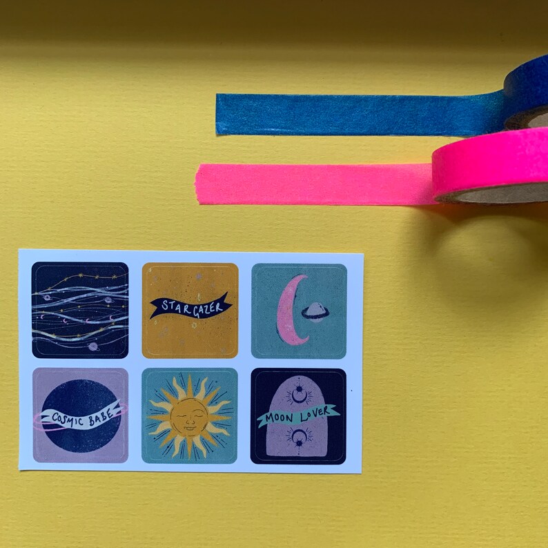 Cosmic Mini Sticker Sheet, Sun Star and Moon, Celestial Sticker Set ...