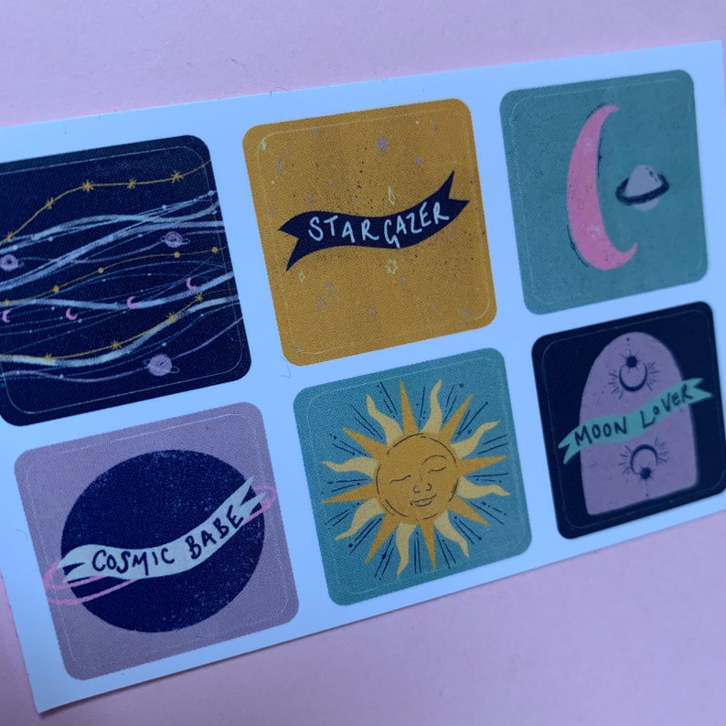 Cosmic Mini Sticker Sheet, Sun Star and Moon, Celestial Sticker Set ...
