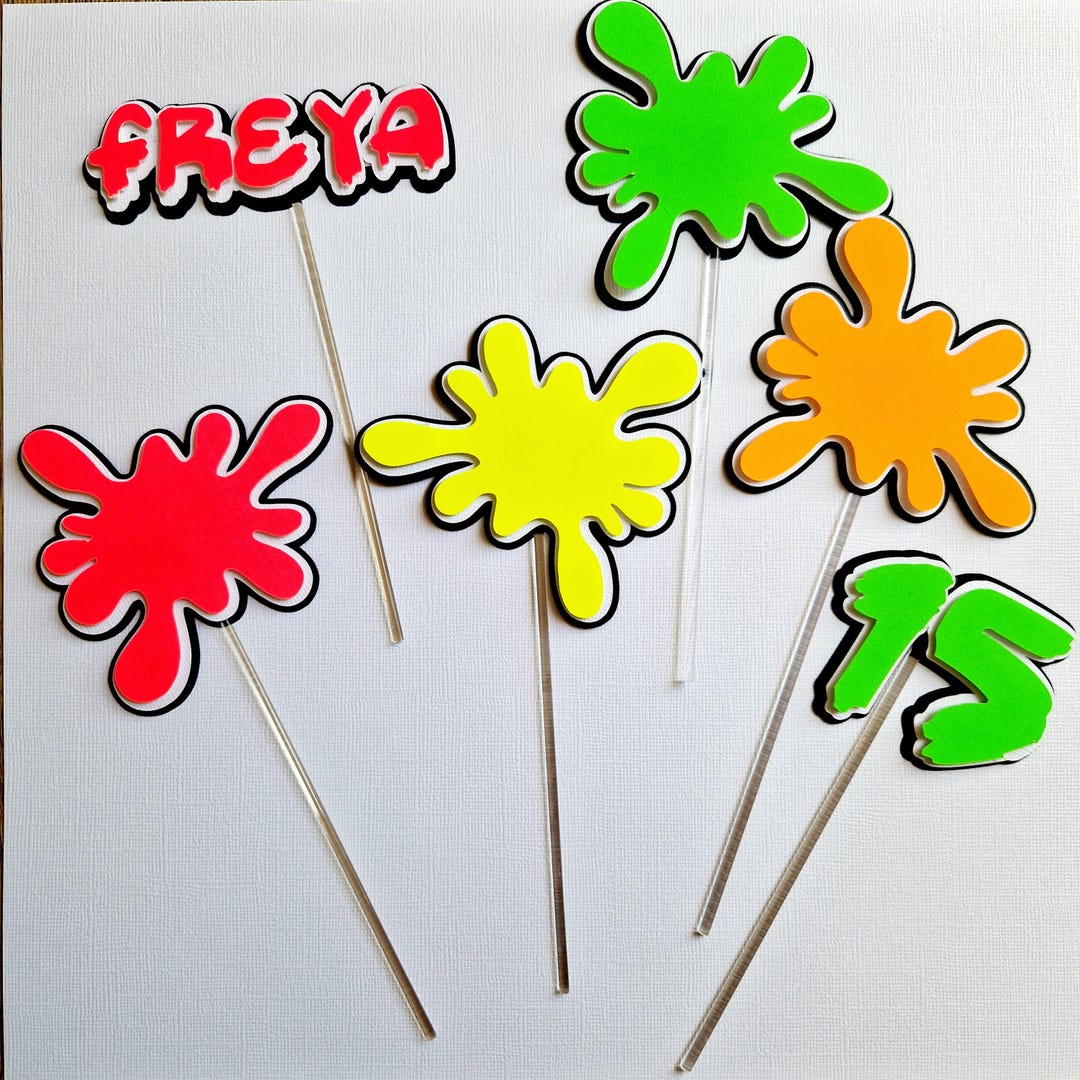 Personalised Neon Paint Splatter Set of 6 Cake Charms - Neon Paint ...