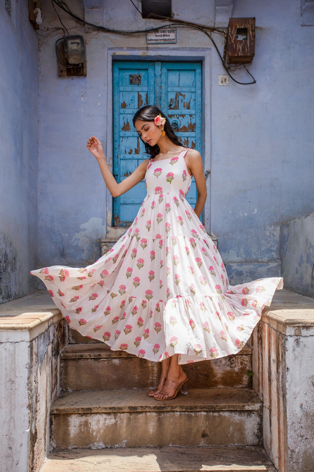 Hand Block Printed Floral Sundress, Organic Cotton Tiered Maxi Dress - Etsy