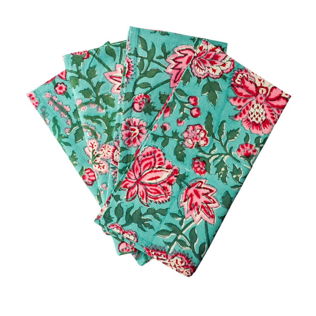 Hand Block Print Cloth Napkins, Set of 4, Bohemian Floral Table Linens ...