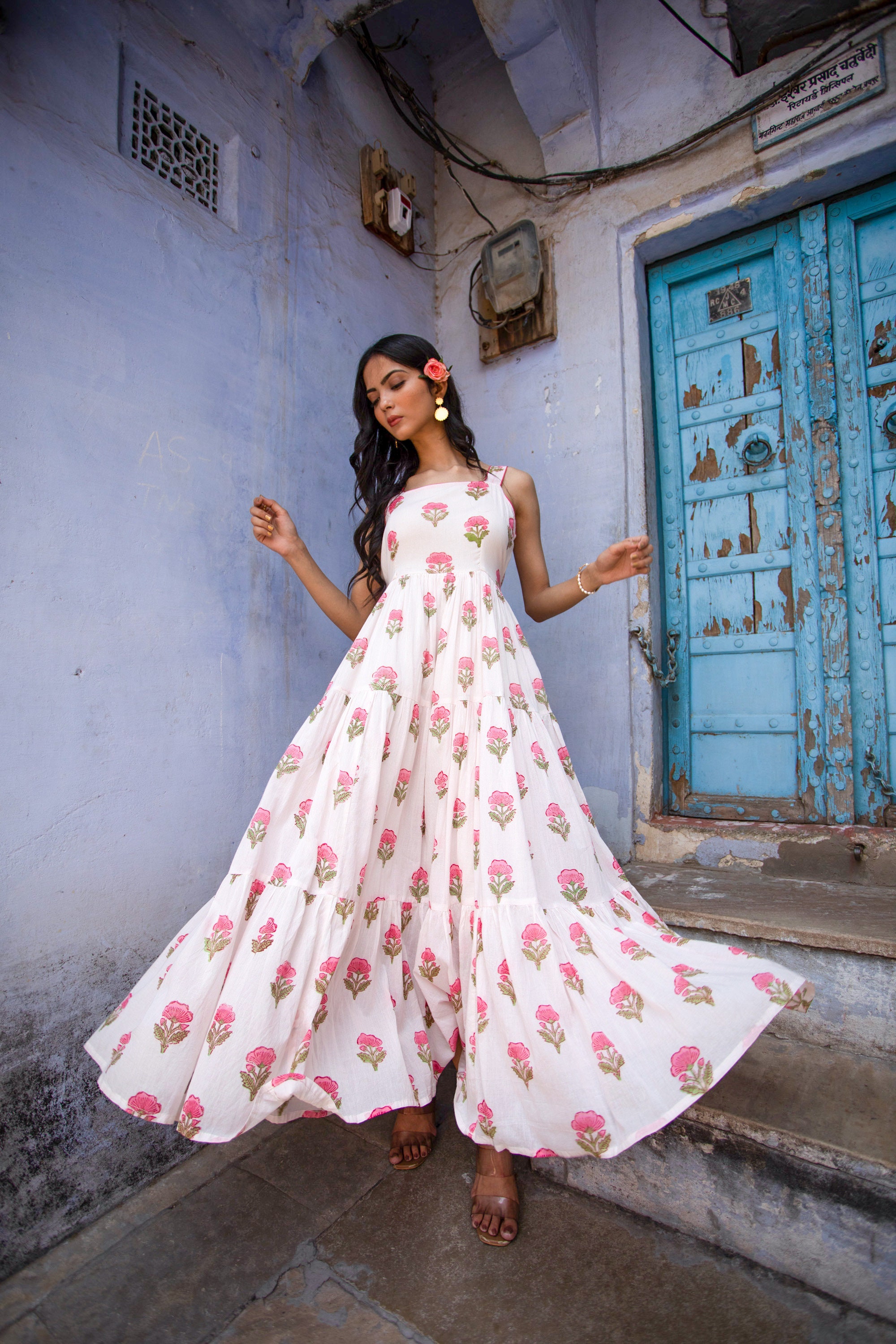 Hand Block Printed Floral Sundress, Organic Cotton Tiered Maxi Dress - Etsy