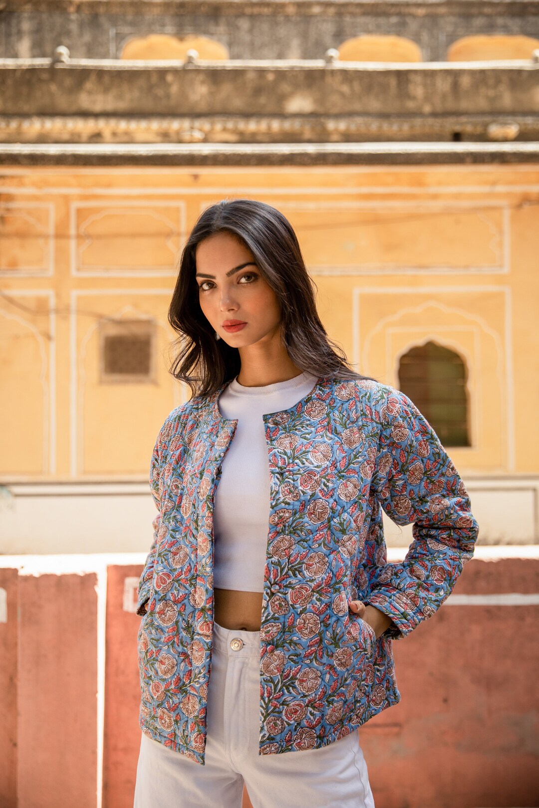 Hand Block Printed Quilted Jacket: Blue Floral Organic Cotton - Etsy