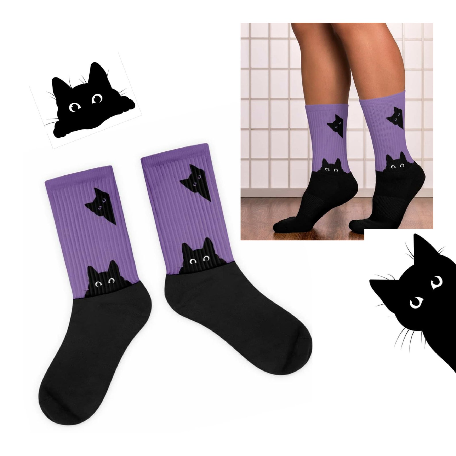 Adult Unisex Black Cat Socks | Purple and Black Size M L XL - Etsy