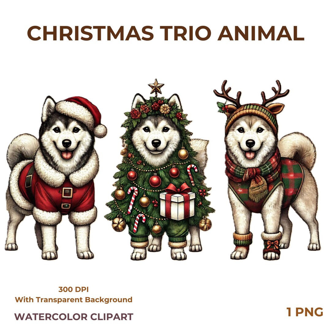 Vintage Christmas Shiba Inu Illustration – Santa, Tree, Reindeer (PNG ...