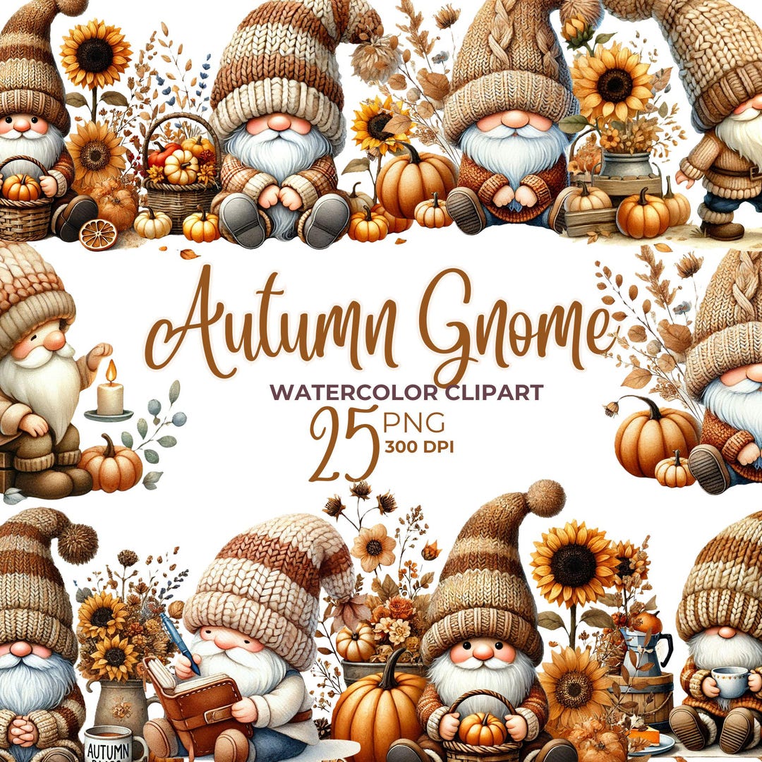 Autumn Gnome Clipart Set, Fall Gnome PNG Bundle, Watercolor Gnome ...
