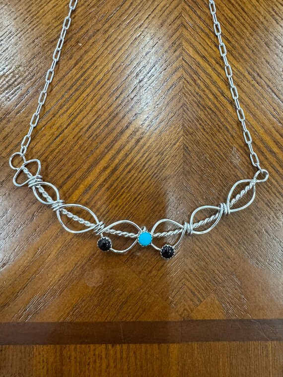 Sterling Silver Wire Design with 2 Onyx and 1 Turquoi… - Gem