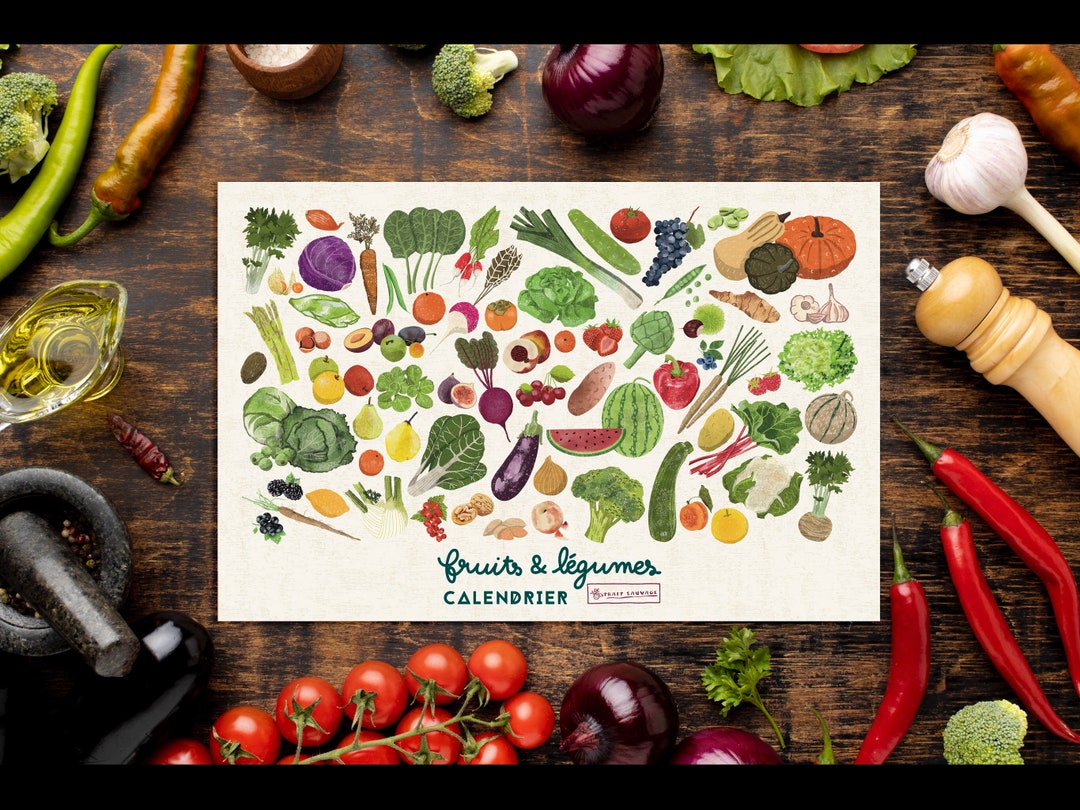 A4 Calendar of Seasonal Fruits and Vegetables, Hand-illustrated on ...