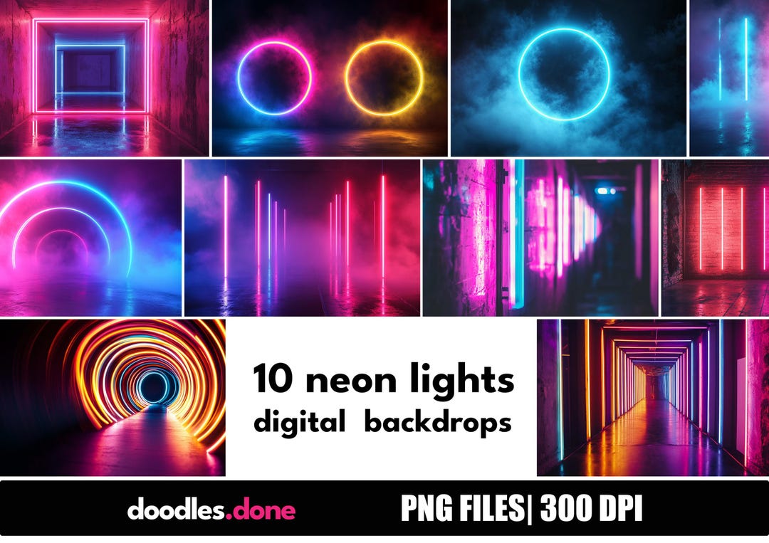 Neon Lights Digital Backdrops PNG | Bundle Vibrant Glow Backgrounds for ...