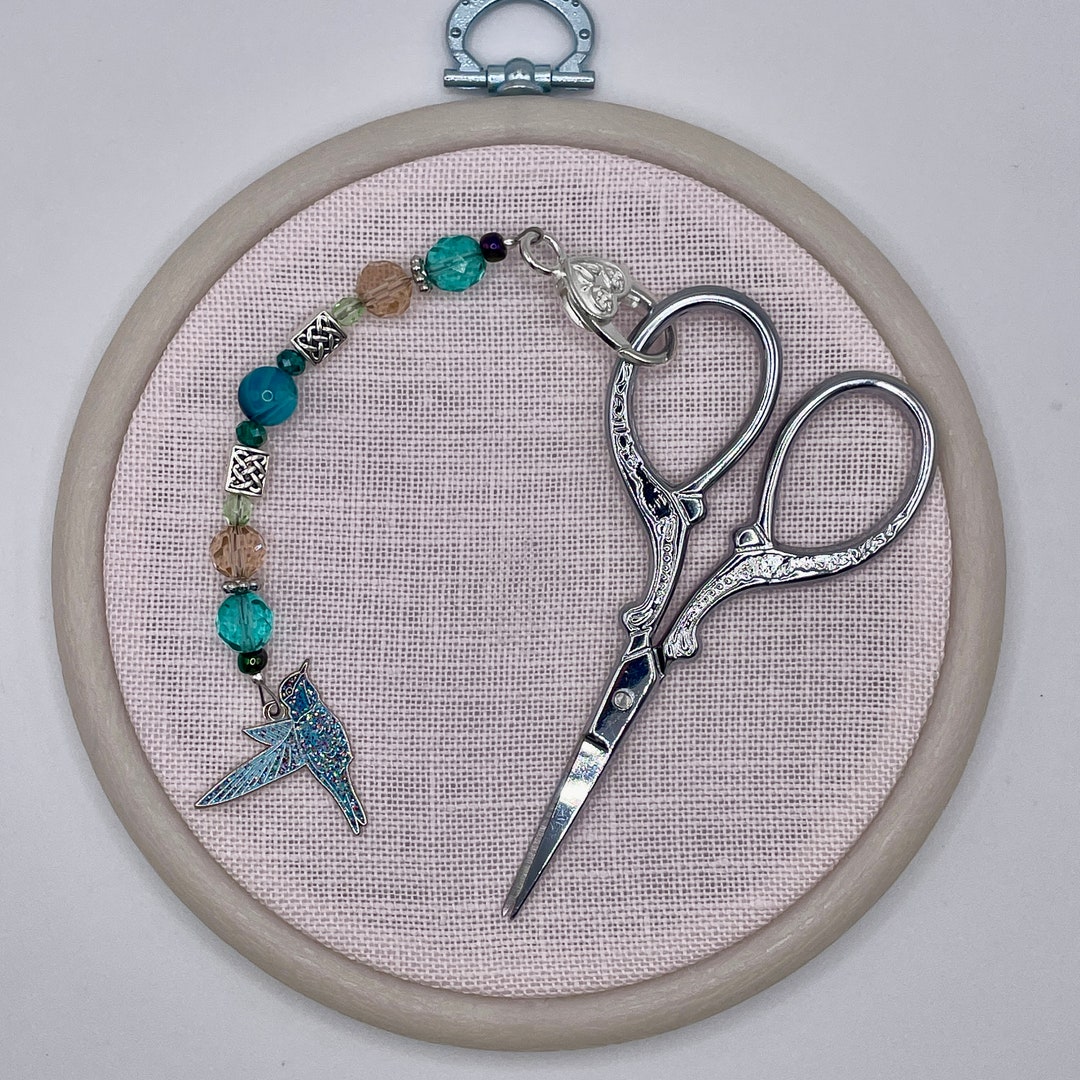 Hummingbird Aqua Blue Silver Scissor Fob, Hand Beaded Cross Stitch and ...