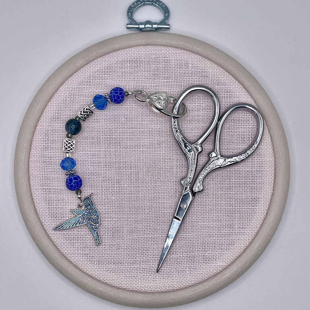 Hummingbird Royal Blue Silver Scissor Fob, Hand Beaded Cross Stitch and ...