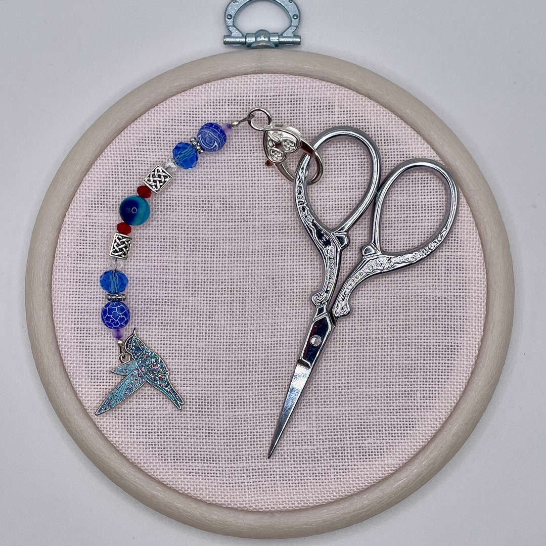 Hummingbird Purple Blue Silver Scissor Fob, Hand Beaded Cross Stitch ...