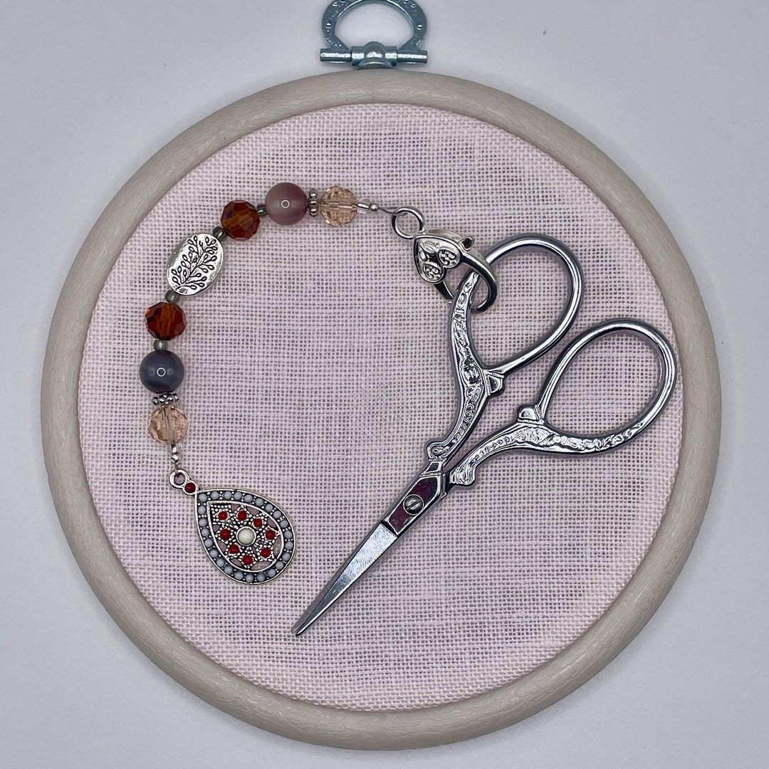 Bohemia Peach Beige Orange Scissor Fob, Hand Beaded Cross Stitch and ...