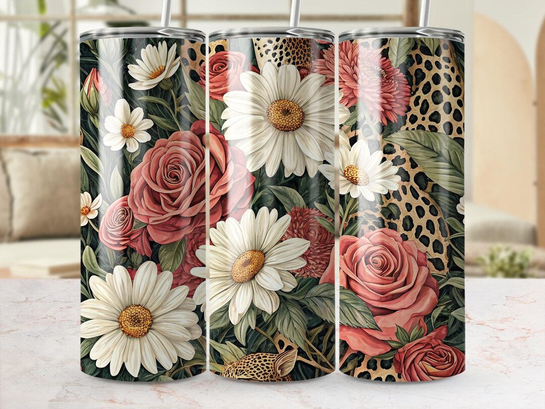 Floral Leopard 20oz Tumbler Wrap, Seamless Flower Design, Printable PNG ...