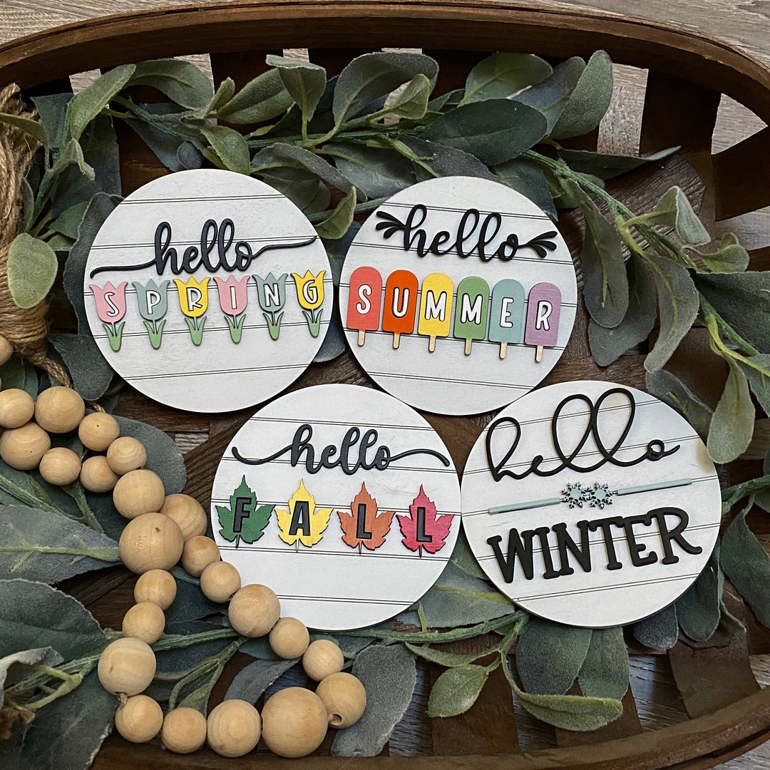 Hello *season* Mini Round Shiplap Signs | Spring| Summer| Fall | Winter ...