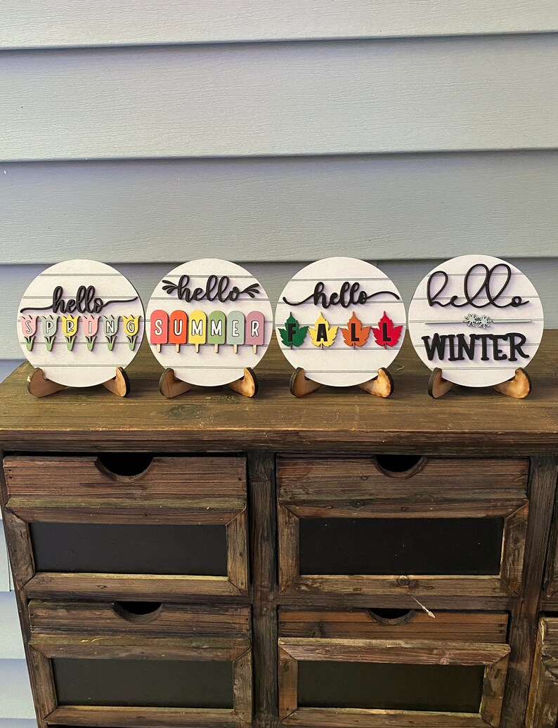 ALL FOUR Hello seasons Mini Round Shiplap Signs Spring | Etsy
