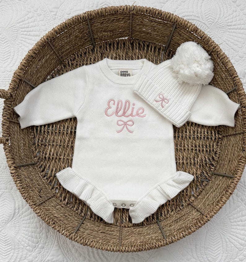 Bow Ivory Long Sleeve Cotton Romper, Custom Embroidered Knit Romper ...