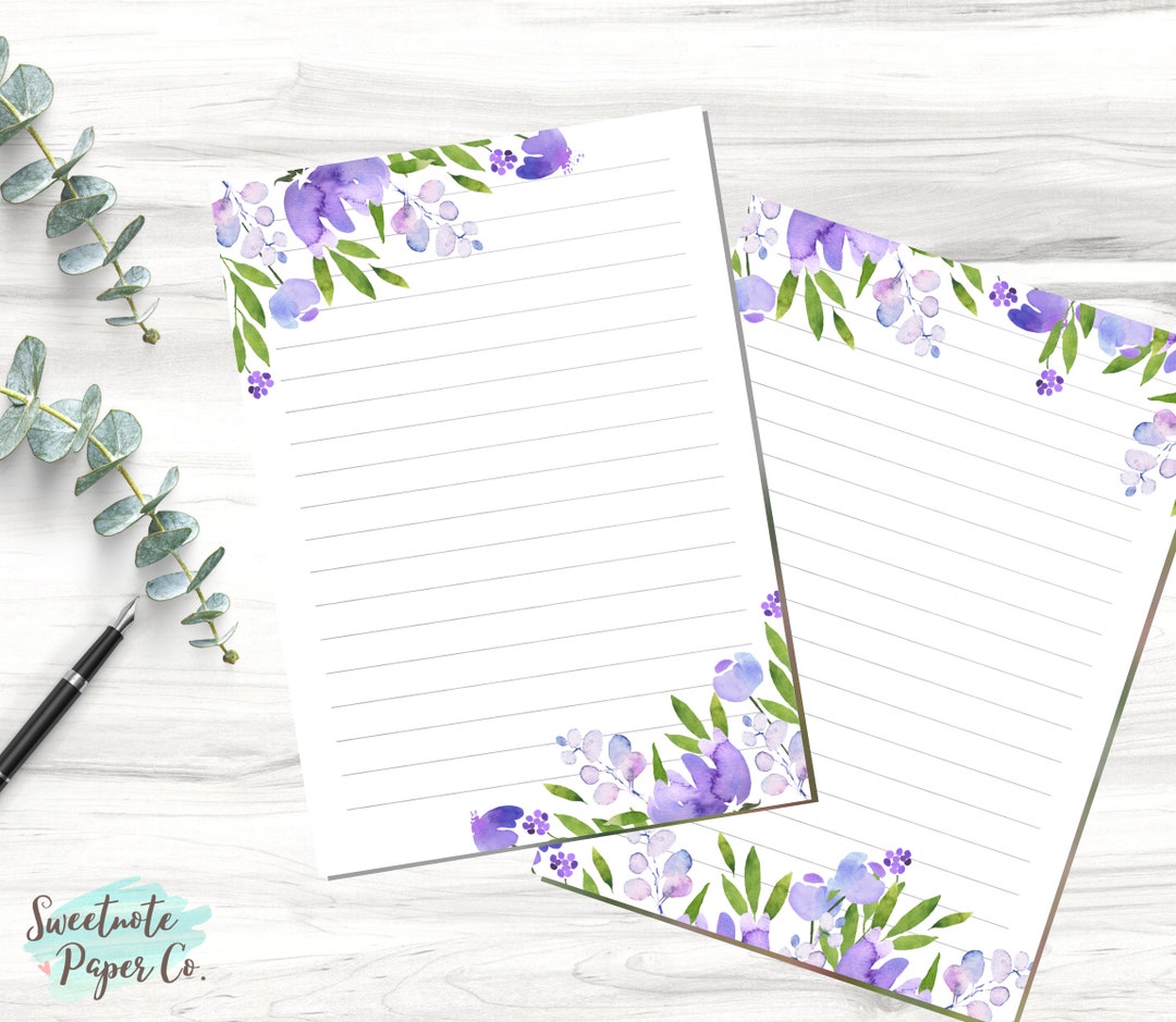 Printable Lined Unlined Note Page, Floral Purple Note Page, Digital ...