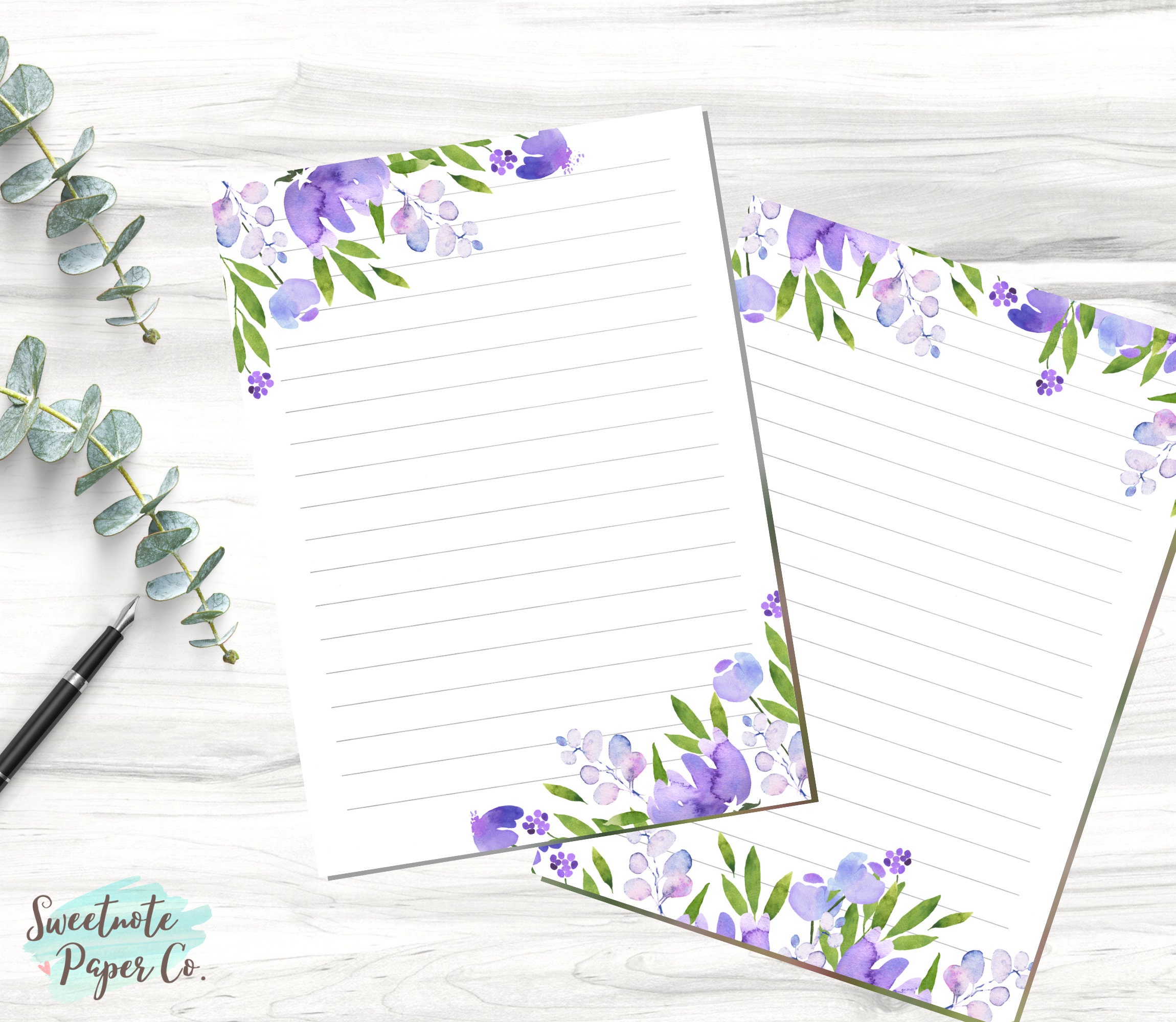 Printable Lined Unlined Note Page, Floral Purple Note Page, Digital ...