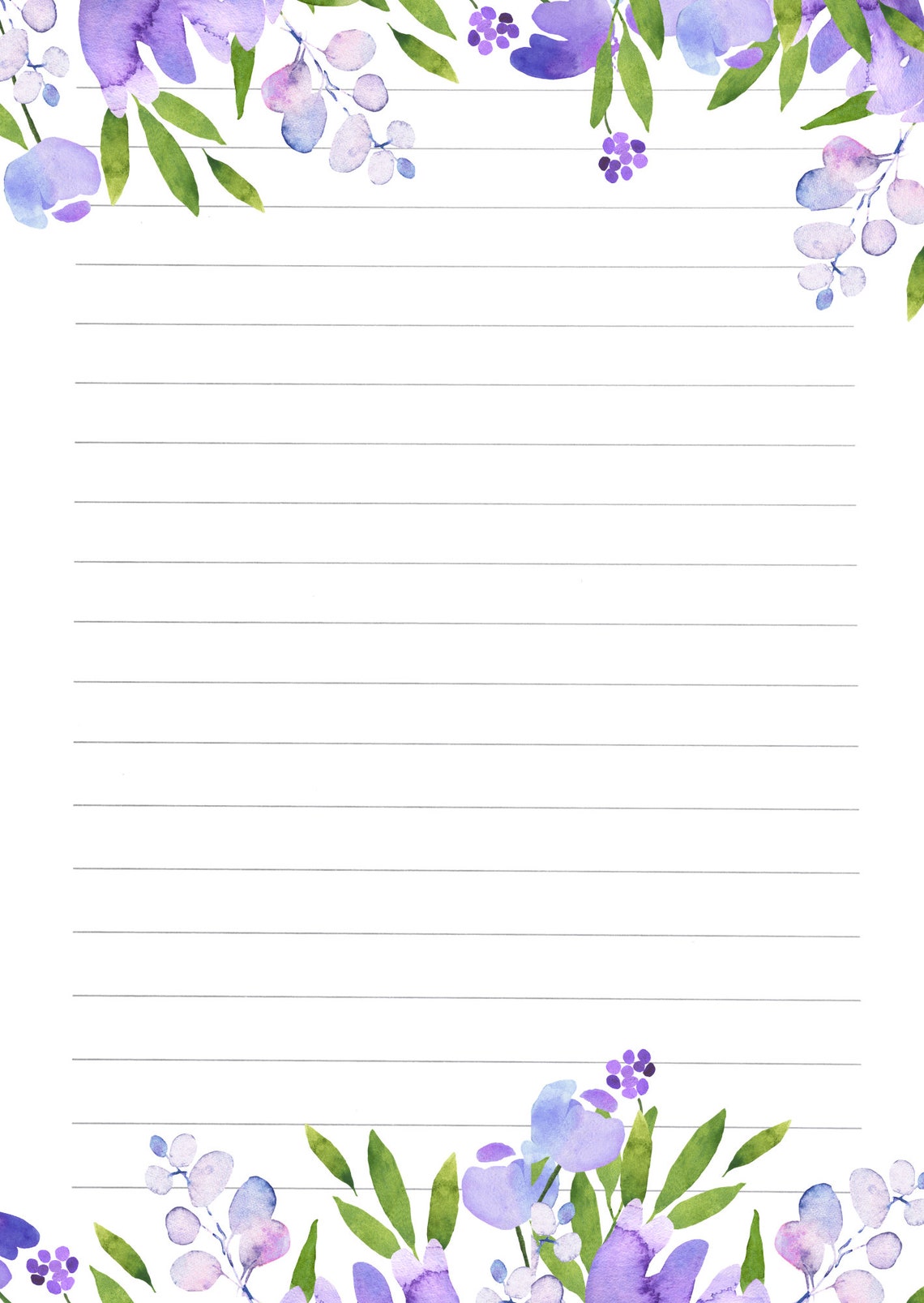 Printable Lined Unlined Note Page, Floral Purple Note Page, Digital ...