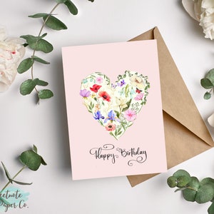 Printable Floral Heart Birthday Card, Digital Download Wild Flowers ...