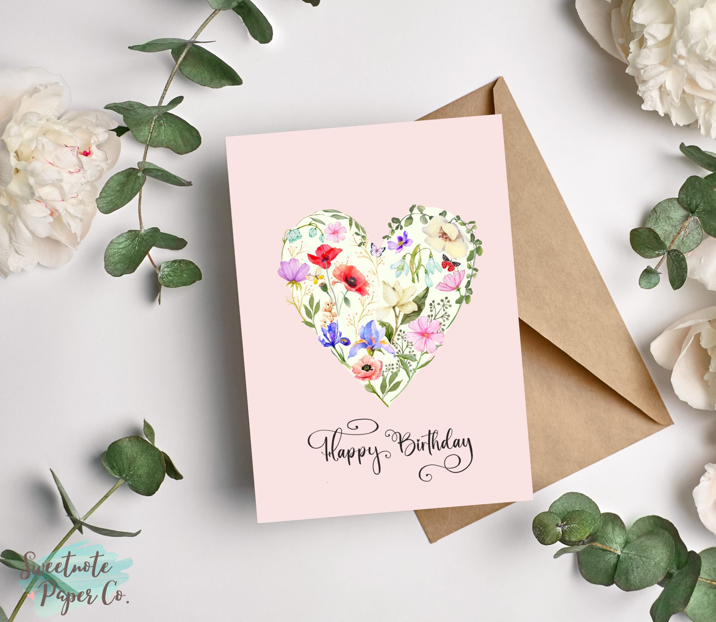Printable Floral Heart Birthday Card, Digital Download Wild Flowers ...