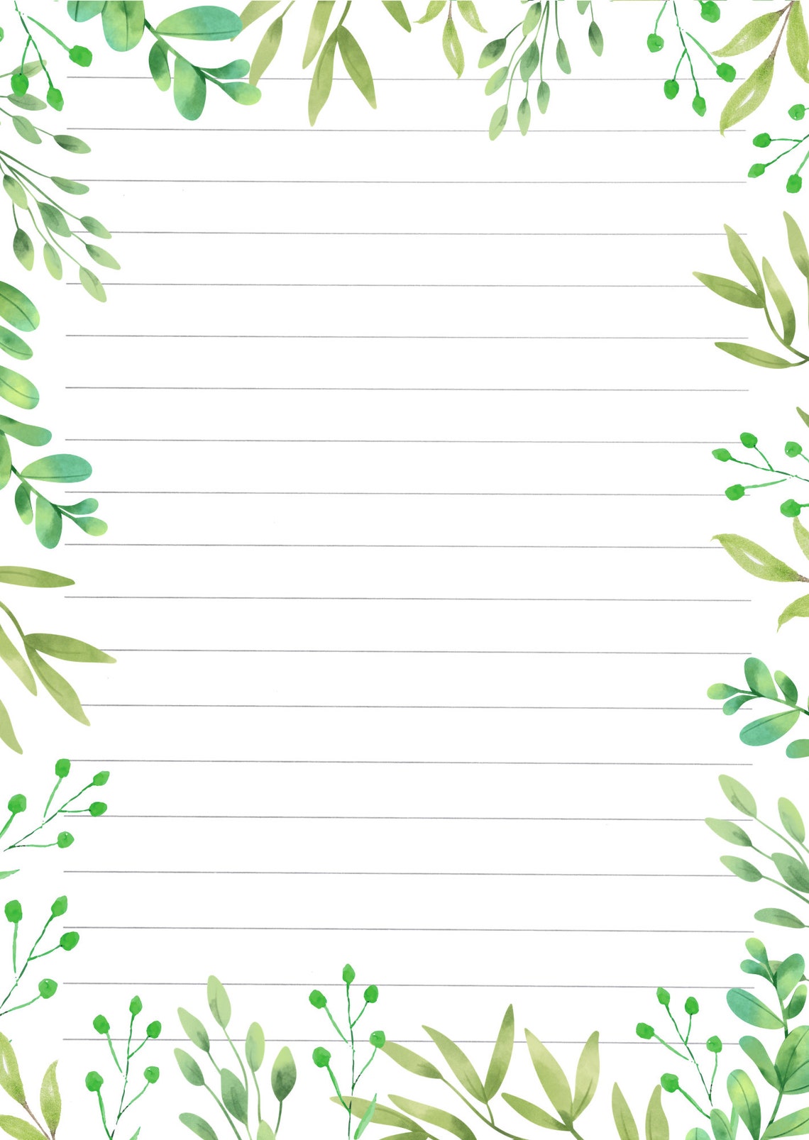 Printable Greenery Note Page, Greenery Note Page, Digital Lined Unlined ...