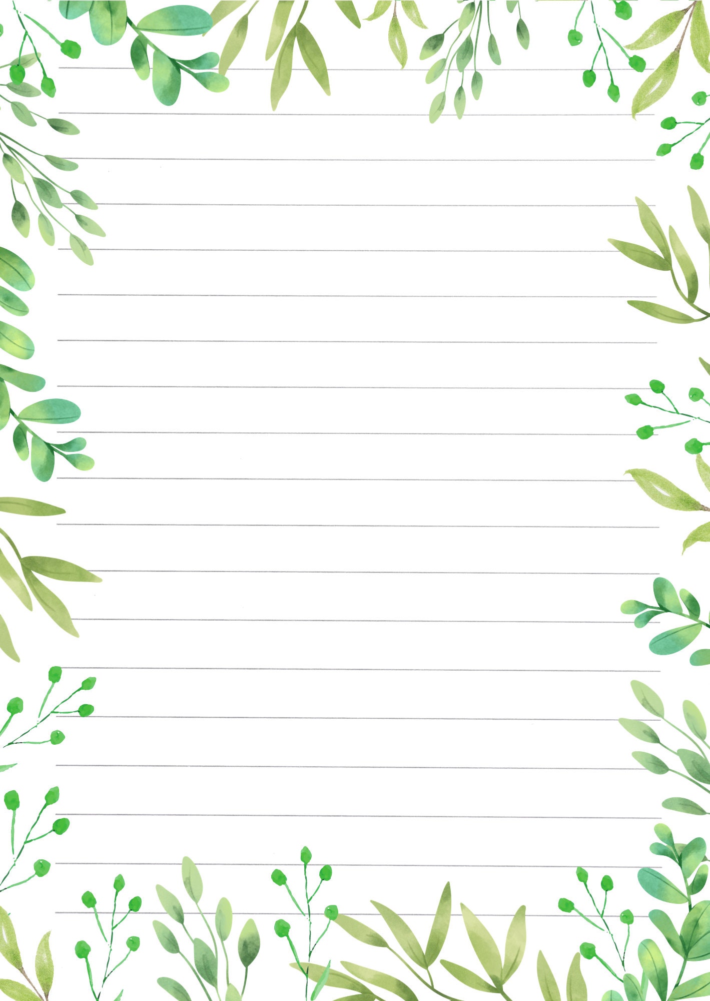 Printable Greenery Note Page, Greenery Note Page, Digital Lined Unlined ...