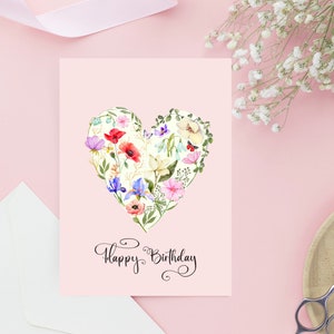 Printable Floral Heart Birthday Card, Digital Download Wild Flowers ...
