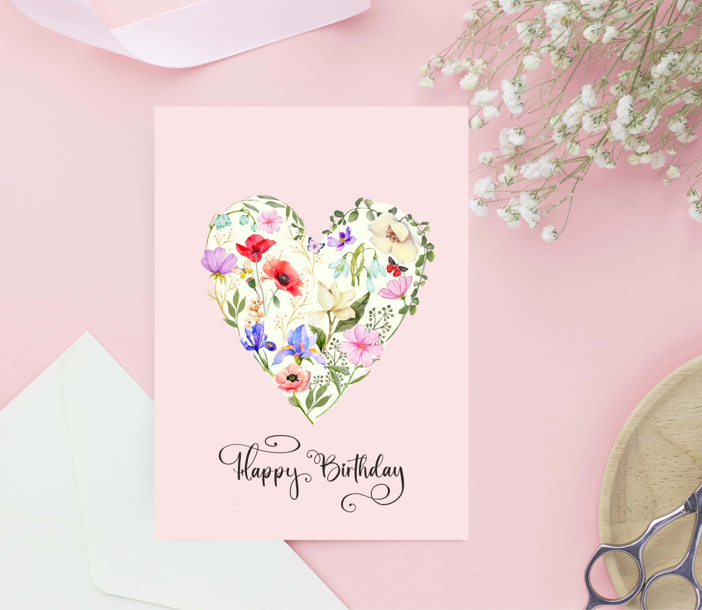 Printable Floral Heart Birthday Card, Digital Download Wild Flowers ...