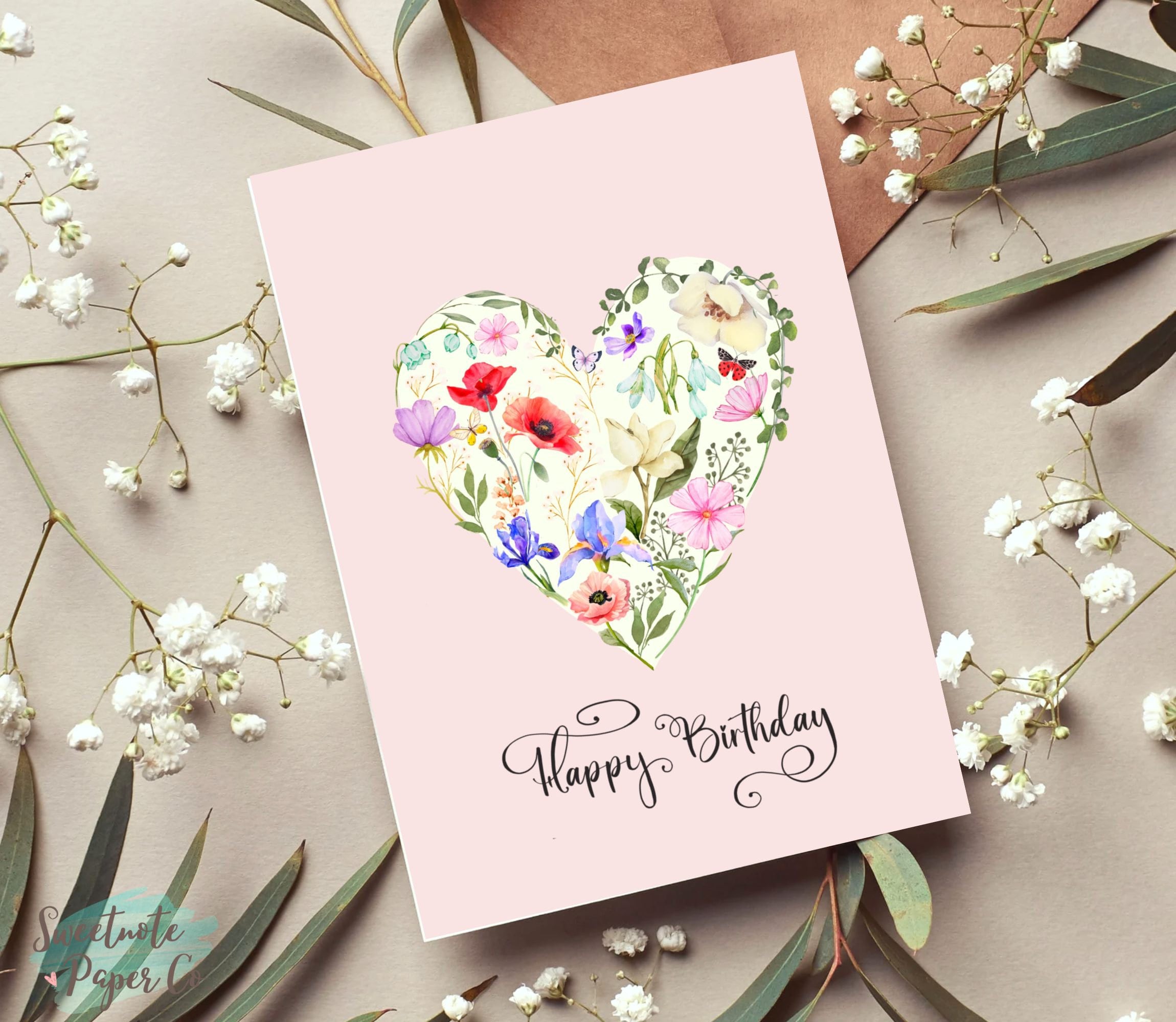 Printable Floral Heart Birthday Card, Digital Download Wild Flowers ...