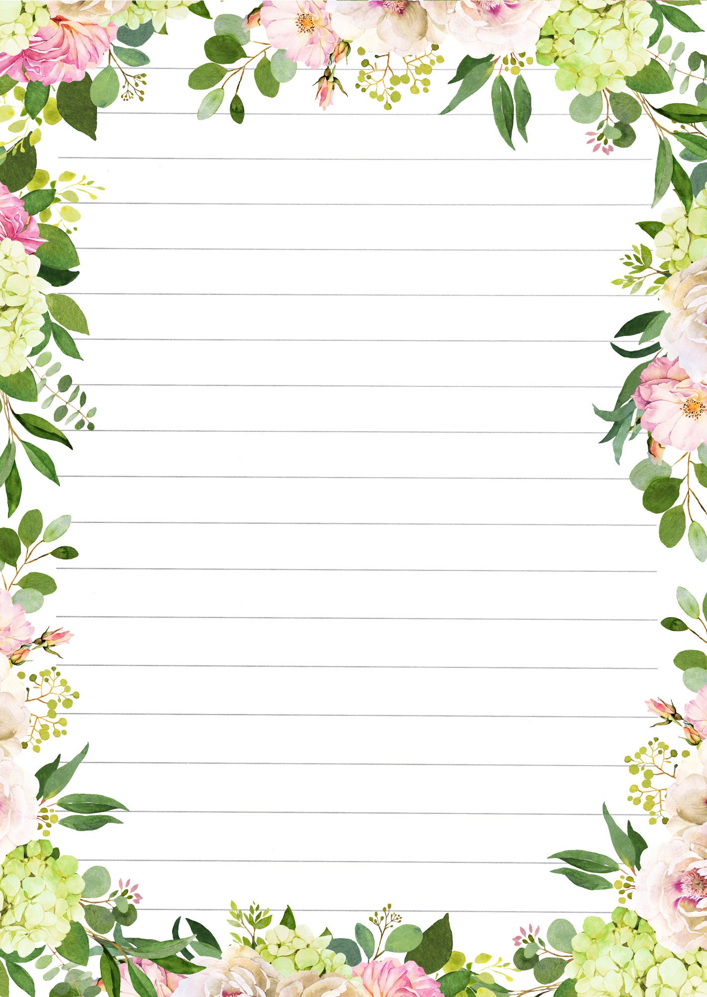 Printable Lined Unlined Flowers A4 Note Page, Flower Note Page, Digital ...