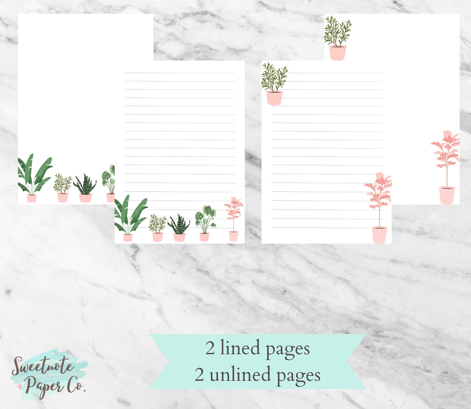 Printable Lined Unlined Note Page, Cute Greenery Note Page, Digital ...