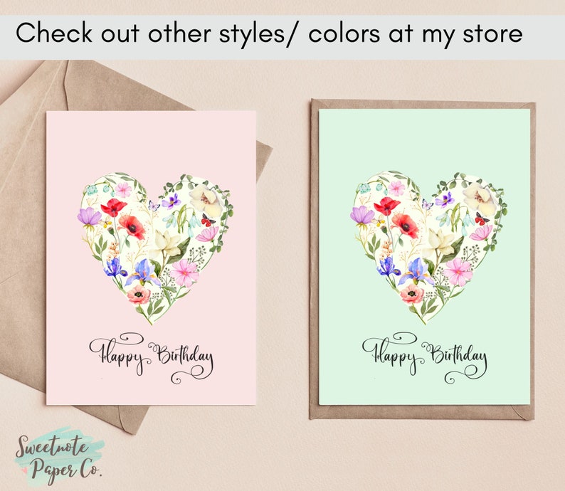 Printable Floral Heart Birthday Card, Digital Download Wild Flowers ...