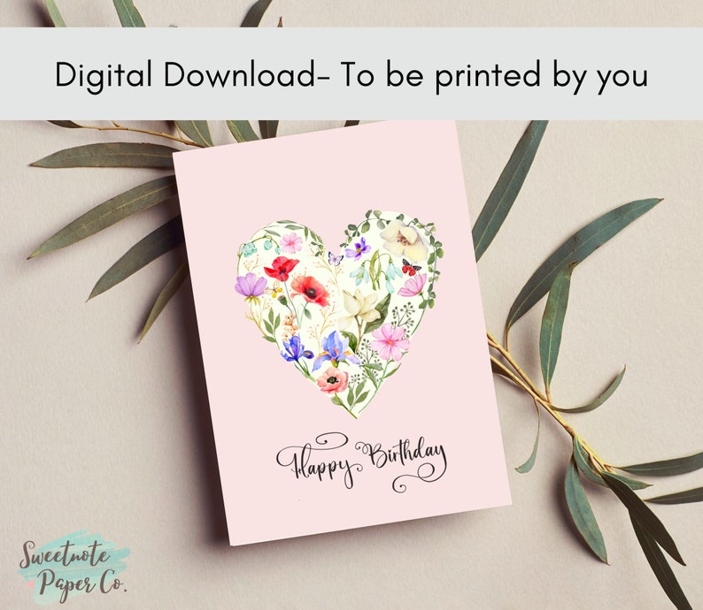 Printable Floral Heart Birthday Card, Digital Download Wild Flowers ...