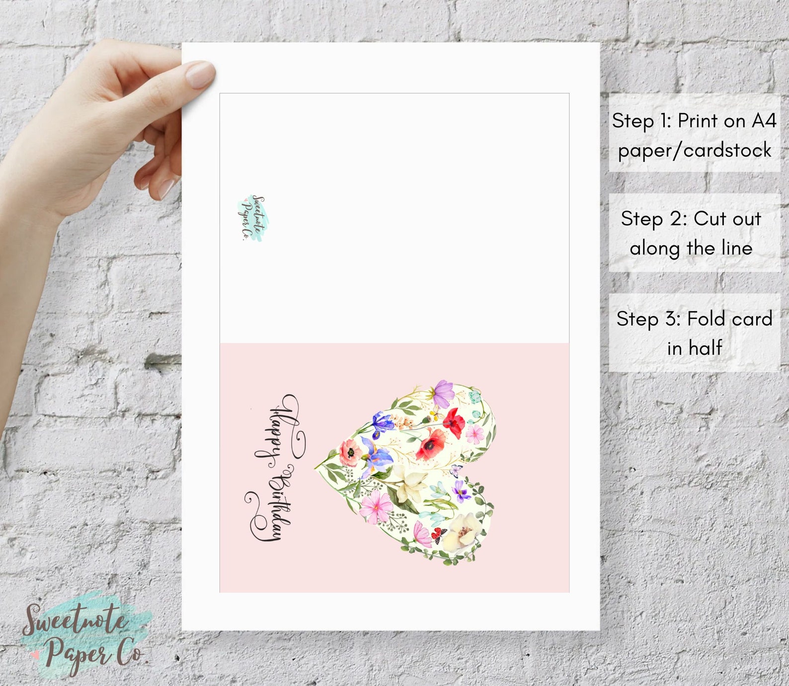 Printable Floral Heart Birthday Card, Digital Download Wild Flowers ...
