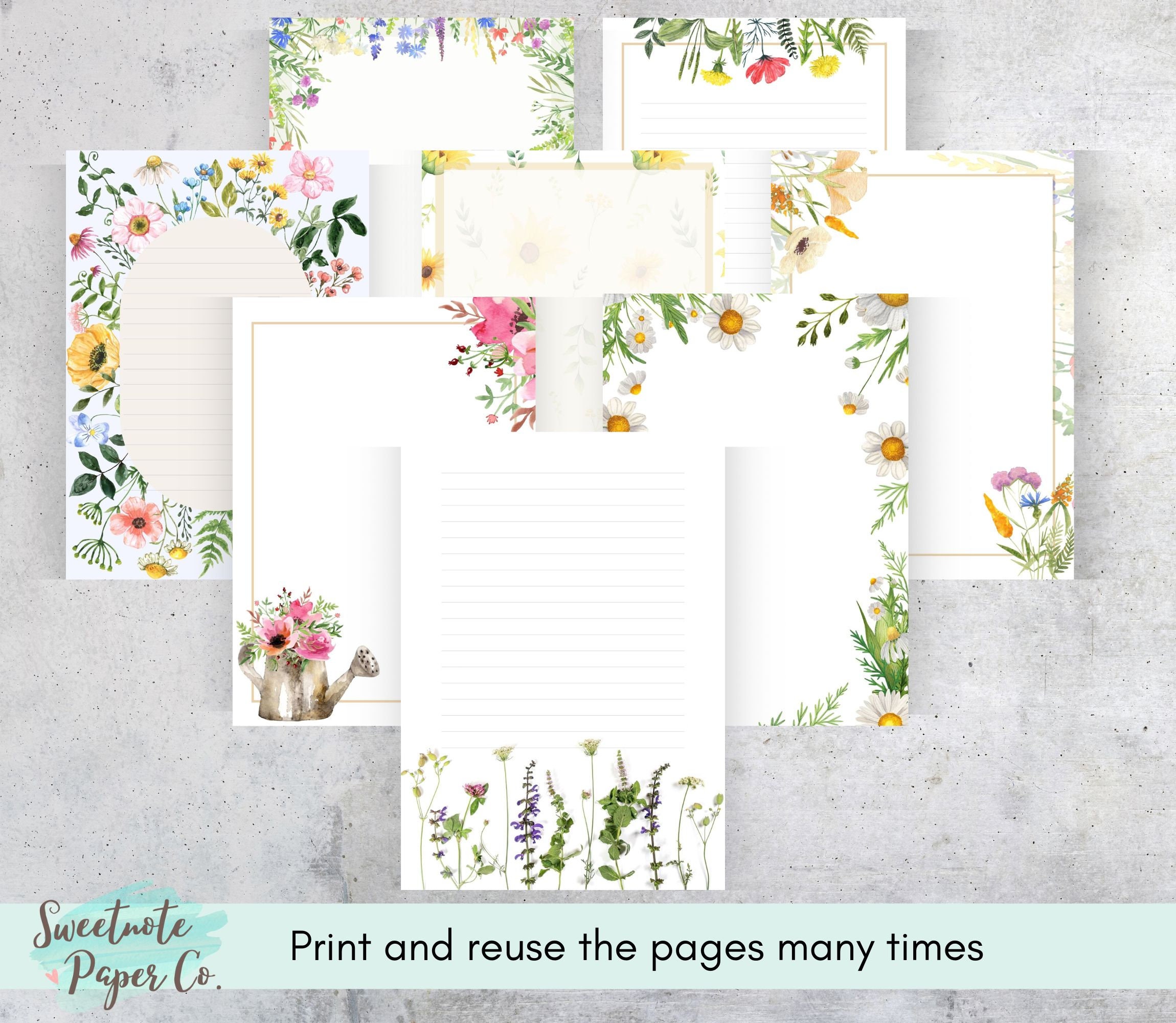 Printable Wild Flower Note Pages, Wildflower Printable A4 Stationery ...