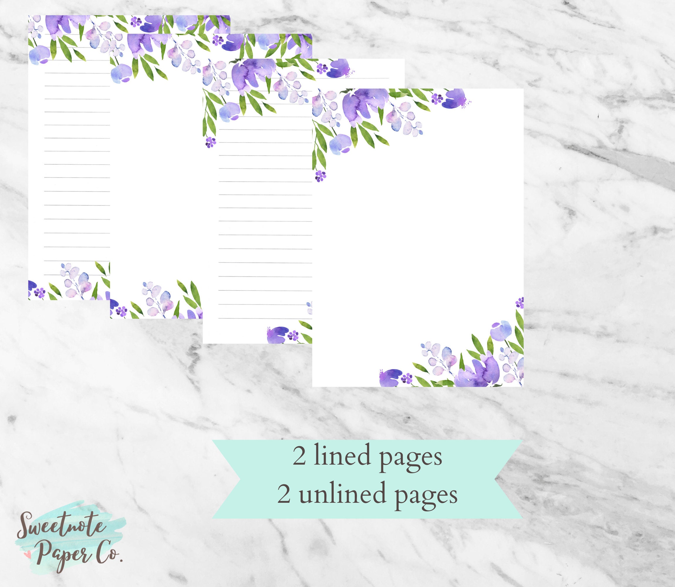 Printable Lined Unlined Note Page, Floral Purple Note Page, Digital ...