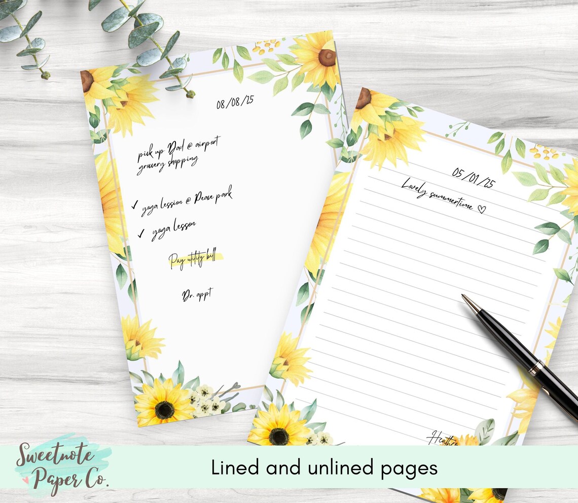 Printable Sunflower Note Pages | Instant Download Sunflower Writing ...