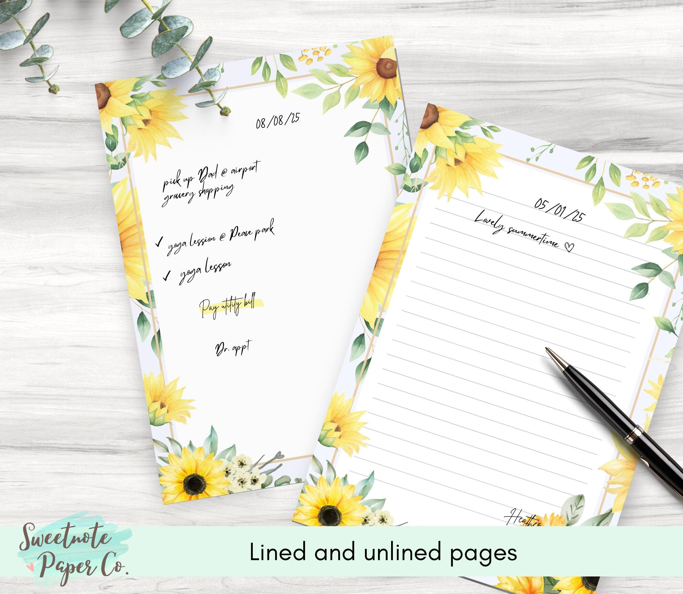 Printable Sunflower Note Pages | Instant Download Sunflower Writing ...