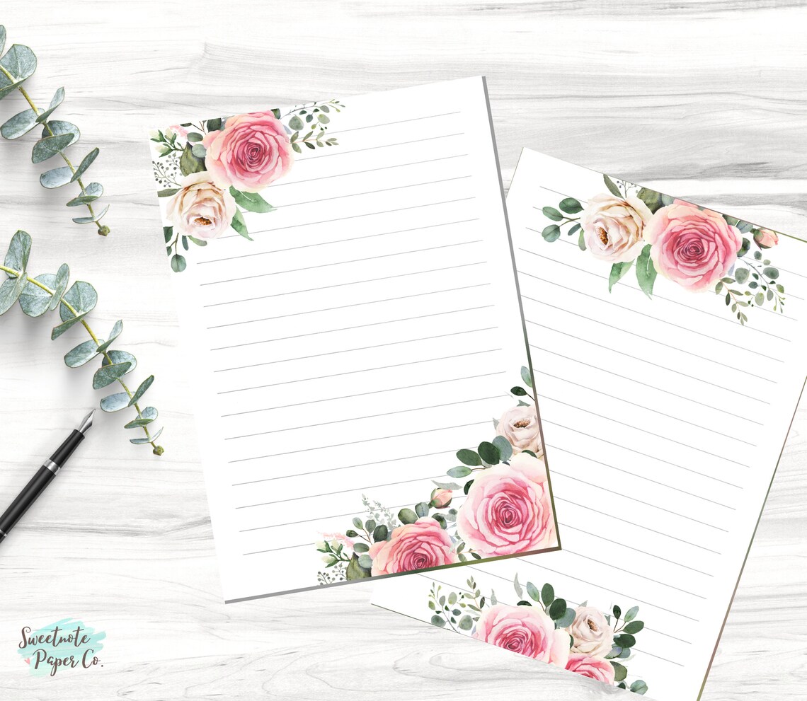 Printable Lined Unlined Note Page, Floral Rose Note Page, Digital Lined ...