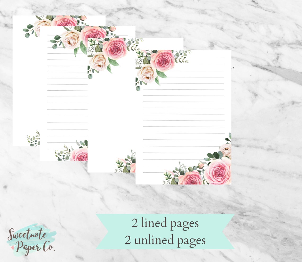 Printable Lined Unlined Note Page, Floral Rose Note Page, Digital Lined ...