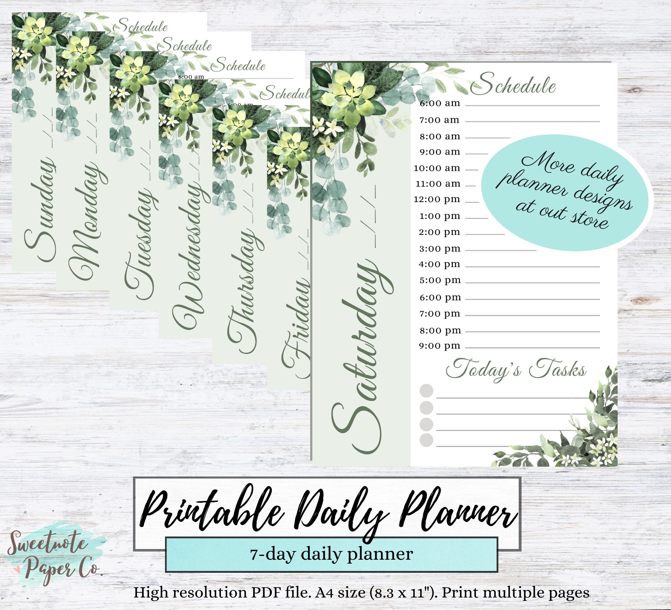 Printable 7 Day Planner Daily Planner, Greenery Daily Planner, Work ...