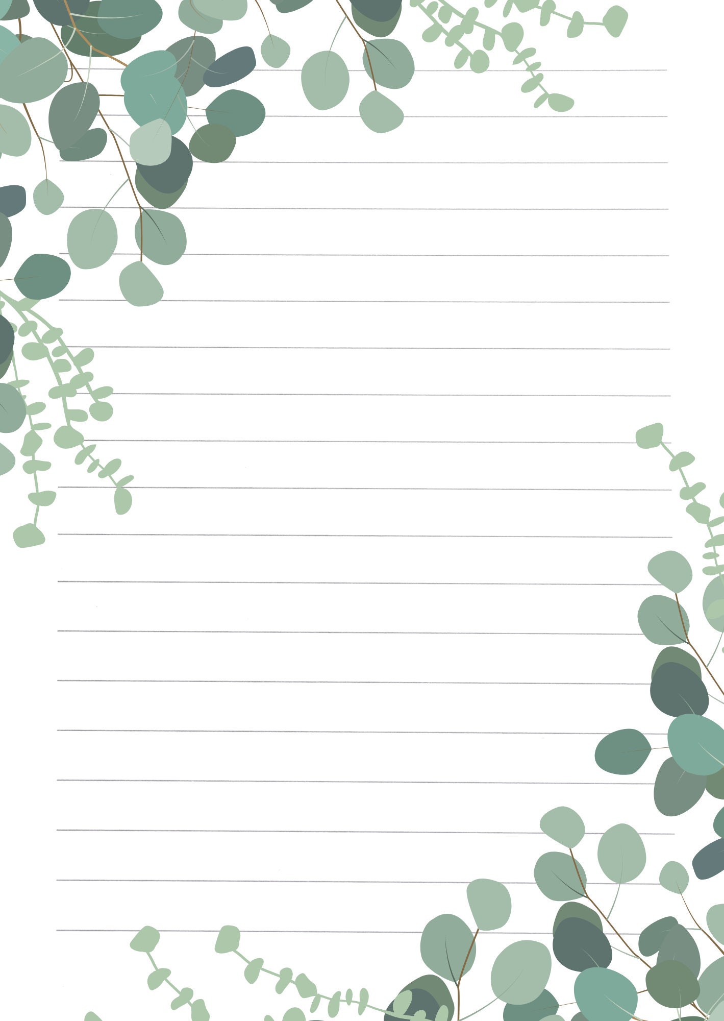 Printable Lined Unlined Note Page, Eucalyptus Note Page, Digital Paper ...
