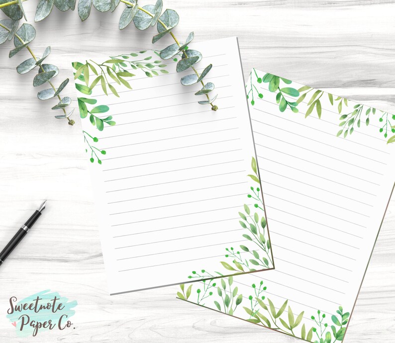 Printable Greenery Note Page, Greenery Note Page, Digital Lined Unlined ...